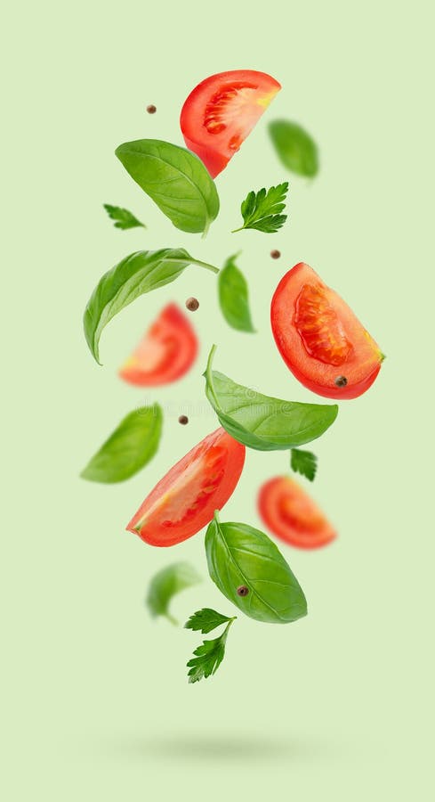 Flying Tomatoes, Parsley and Basil Leaves on Green Background. Vertical ...