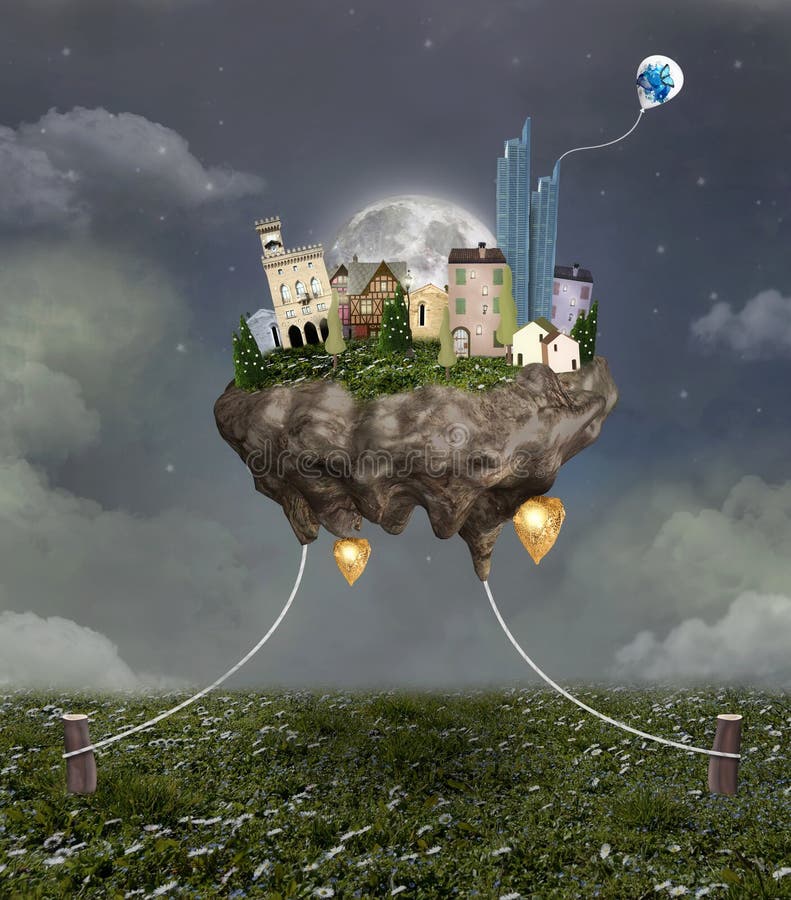 Flying town stock illustration. Illustration of rock - 32909856