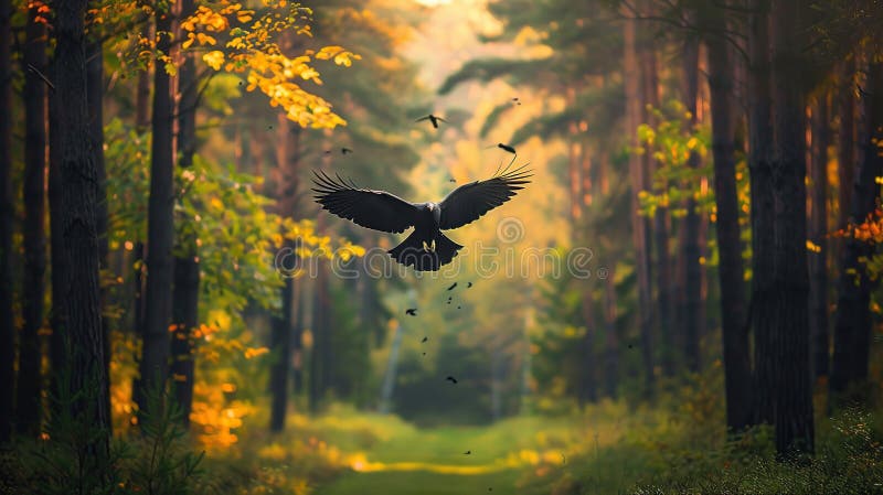 Flying between the Trees in the Forest with Outstretched Wings ...