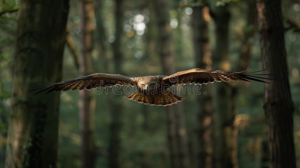 Flying between the Trees in the Forest with Outstretched Wings ...
