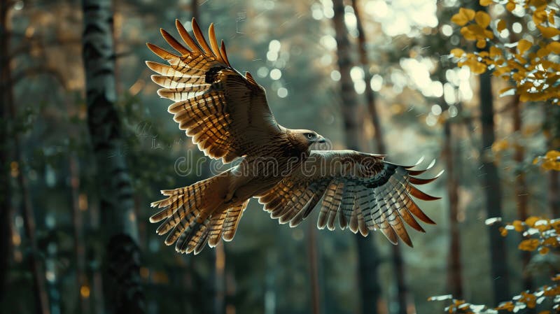Flying between the Trees in the Forest with Outstretched Wings ...