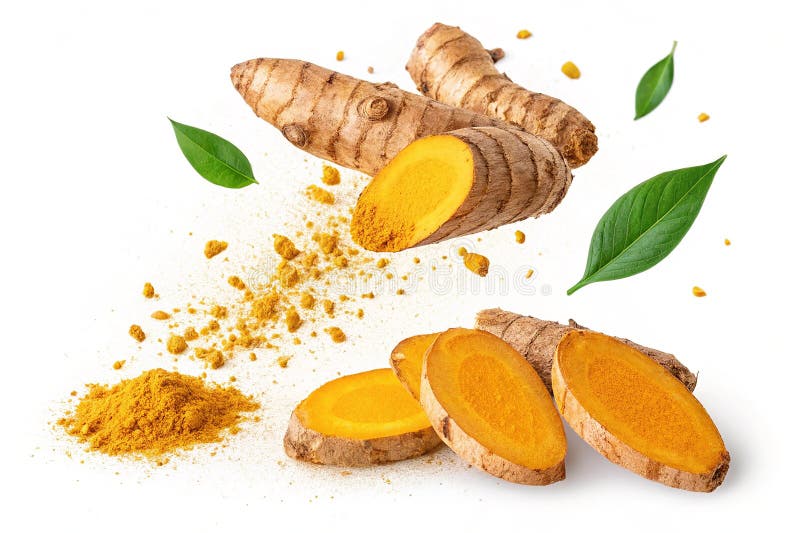 Flying Turmeric and Half Slices Isolated on Transparent White ...