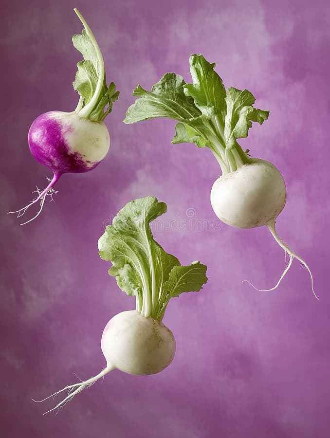 Flying Turnips Against Purple Background Stock Illustration ...