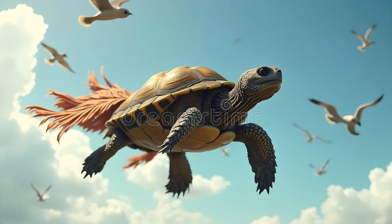 Flying Turtle with Feathers and Birds in a Blue Cloudy Sky Stock ...