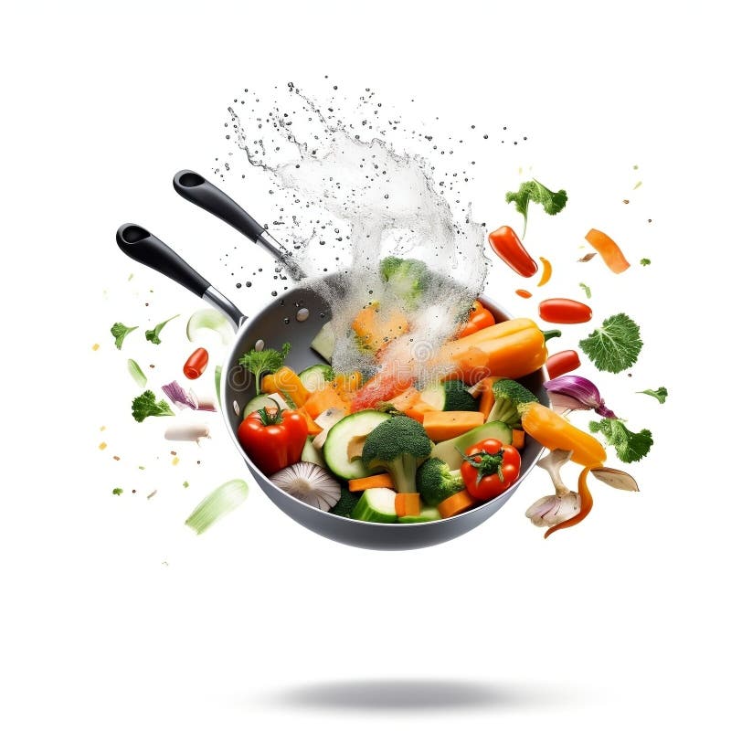Flying Vegetables in Cooking Concept Sizzling Pan Delights. Generative ...