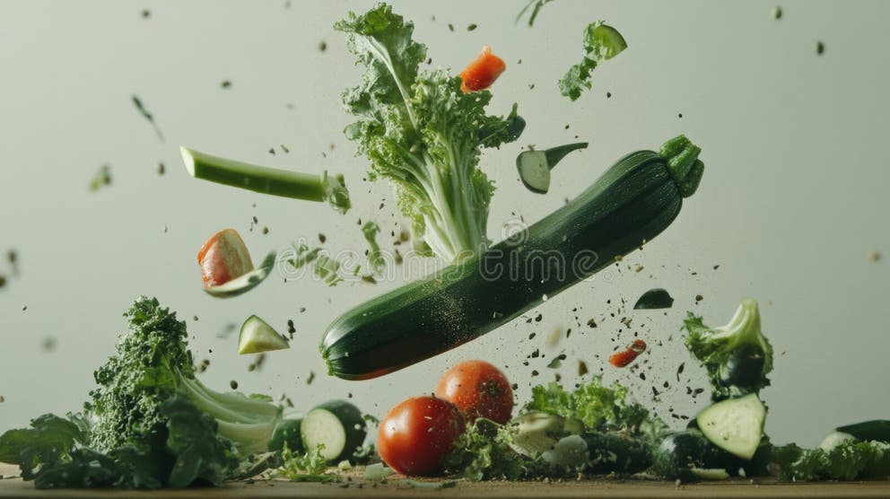 Flying Vegetables and Spices on Wooden Surface Stock Illustration ...