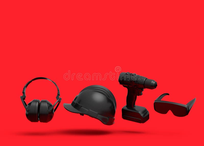 Flying View of Black Construction Tools for Repair on Red Background ...