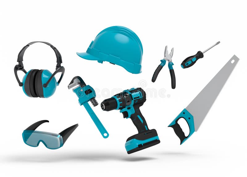 Flying View of Green Construction Tools for Repair on White Background ...