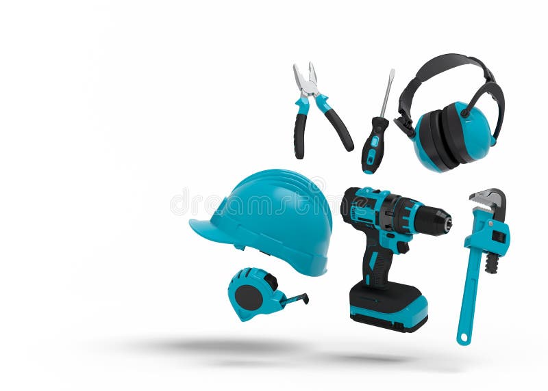 Flying View of Green Construction Tools for Repair on White Stock ...