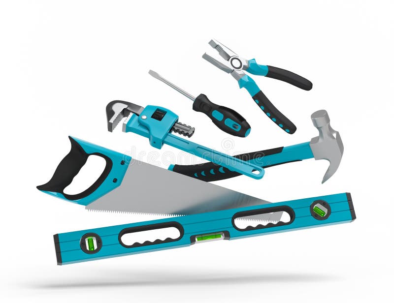 Flying View of Green Construction Tools for Repair on White Stock ...