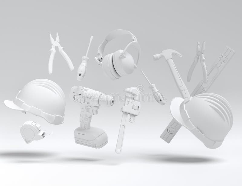 Flying View of Monochrome Construction Tools for Repair on White ...