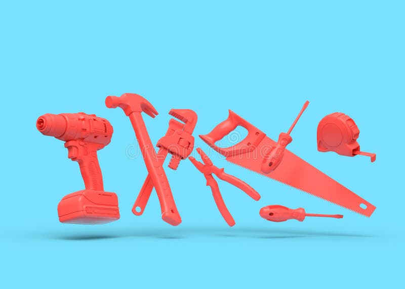 Flying View of Red Construction Tools for Repair on Blue Background ...