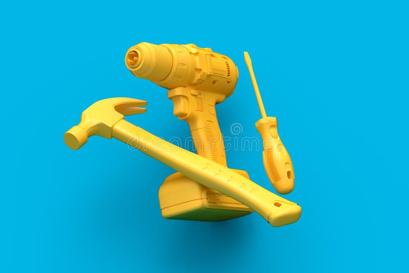 Flying View of Yellow Construction Tools for Repair on Blue Background ...