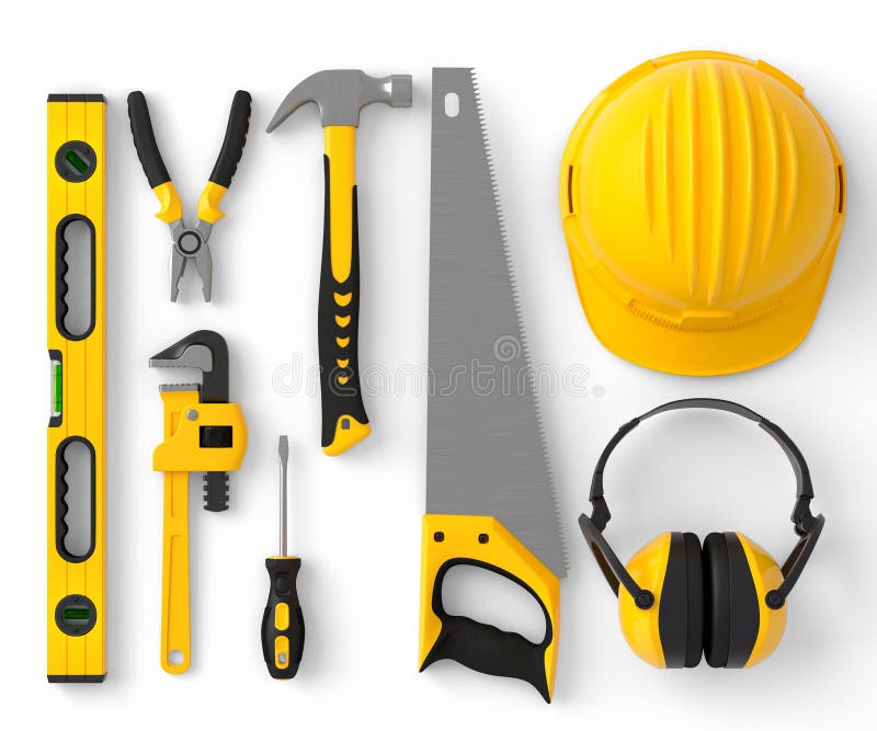 Flying View of Yellow Construction Tools for Repair on White Background ...