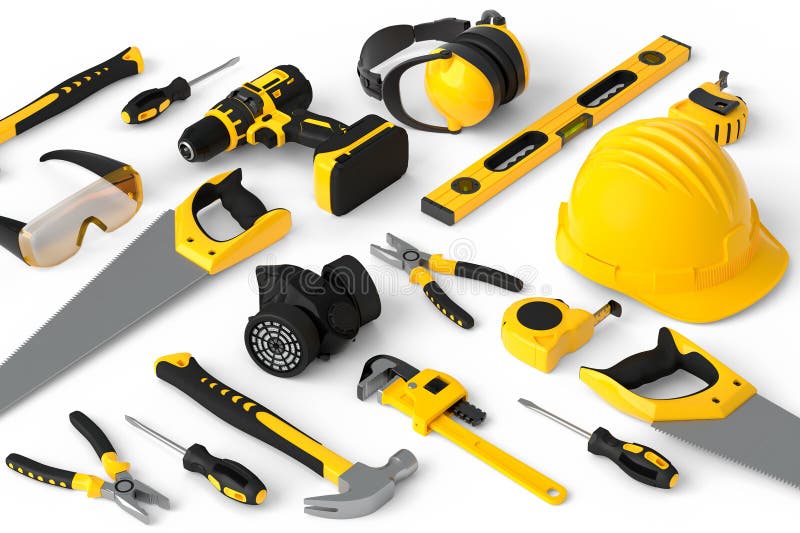 Flying View of Yellow Construction Tools for Repair on White Background ...