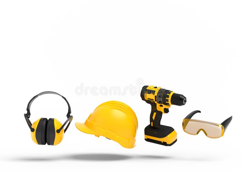 Flying View of Yellow Construction Tools for Repair on White Stock ...