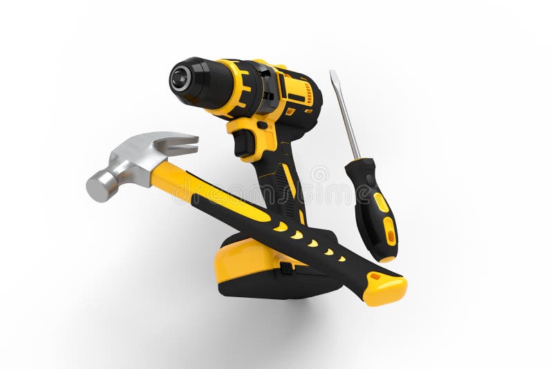 Flying View of Yellow Construction Tools for Repair on White Stock ...