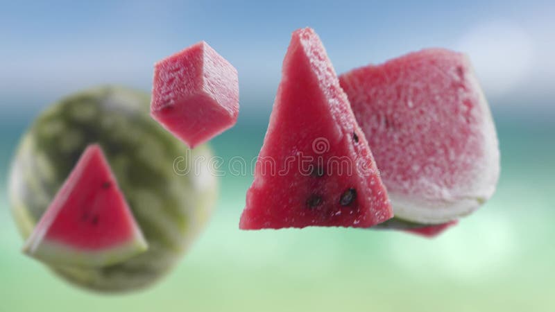 Flying of Watermelon and Slices in Blue Beach Background Stock Footage ...