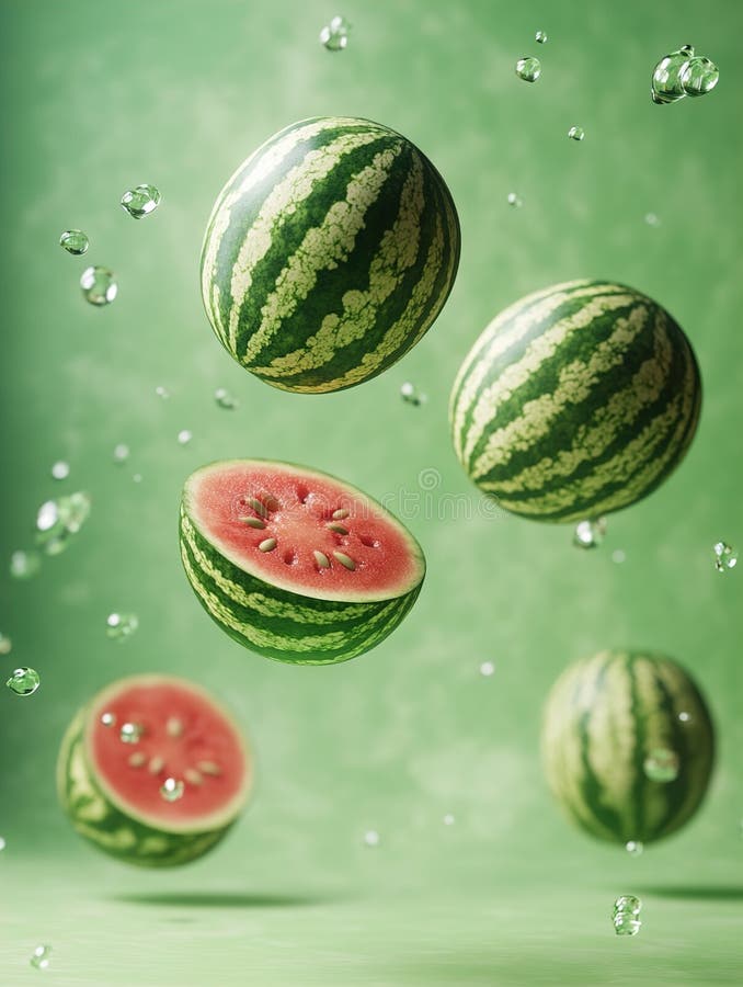 Flying Watermelons Against a Green Background Stock Illustration ...