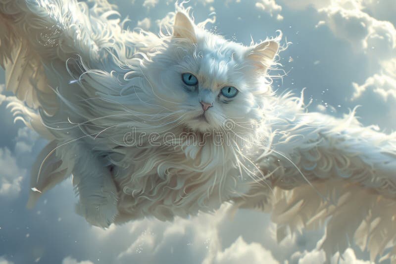Flying White Angelic Cat with Wings among Clouds in Dreamy Sky Stock ...
