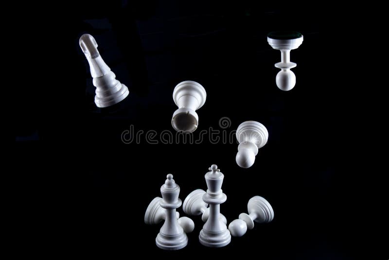 Flying White Chess Pieces Isolated on Black Background, Queen an Stock ...