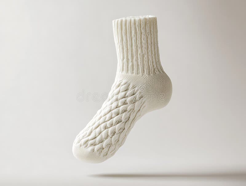 Flying White Knit Sock with Textured Pattern on Neutral Background ...