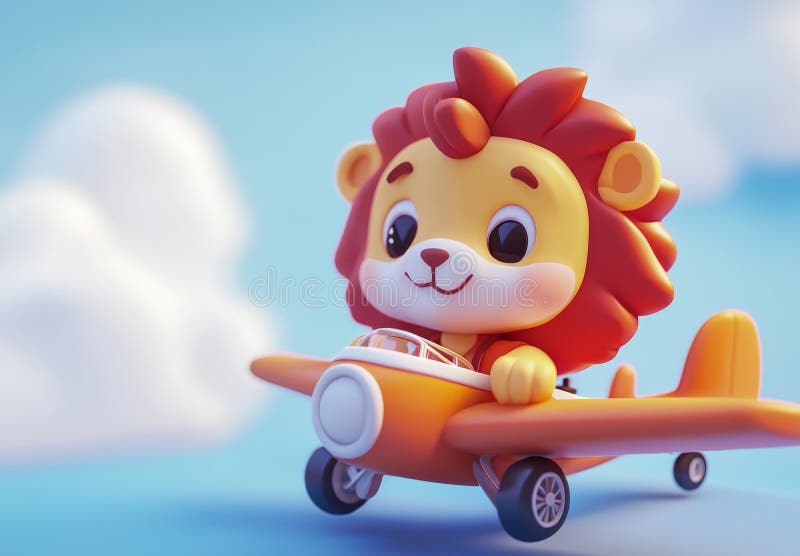 Flying on a Yellow Plane, a Cartoon Lion Flies Joyfully. Stock Photo ...