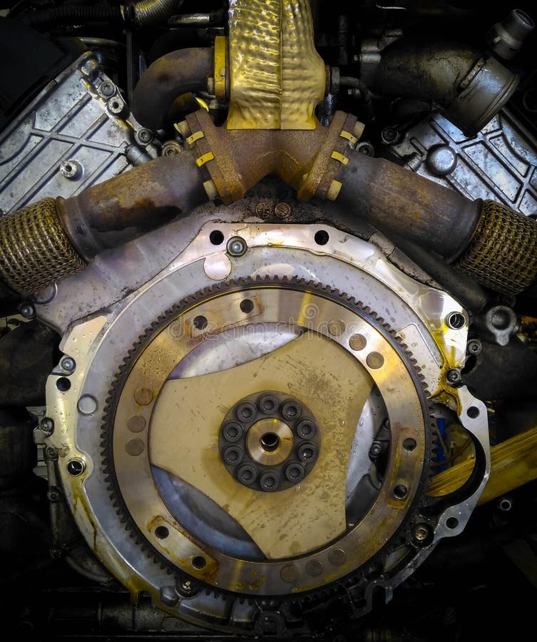 Flywheel and Manifold of Powerful V-shaped Engine Stock Image - Image ...