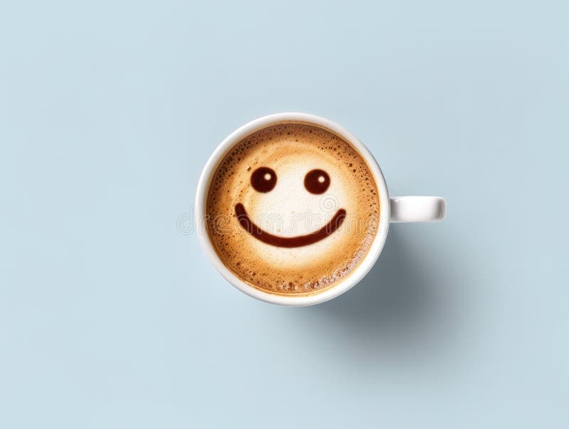 Foam Form of Smile Face in Cup of Cappuccino Coffee on Blue Pastel ...