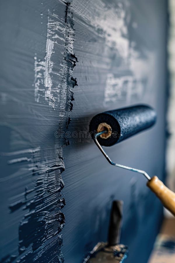 Foam Roller Applying Deep Navy Blue Paint for Smooth Wall Finish in ...