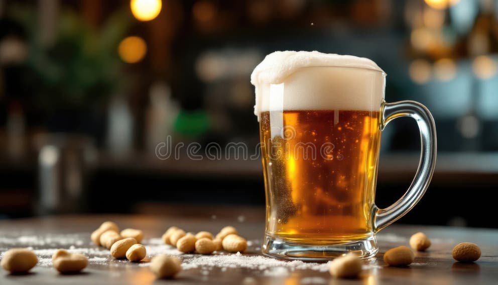 Foaming Beer Mug on Rustic Bar Counter with Peanuts in Atmospheric ...