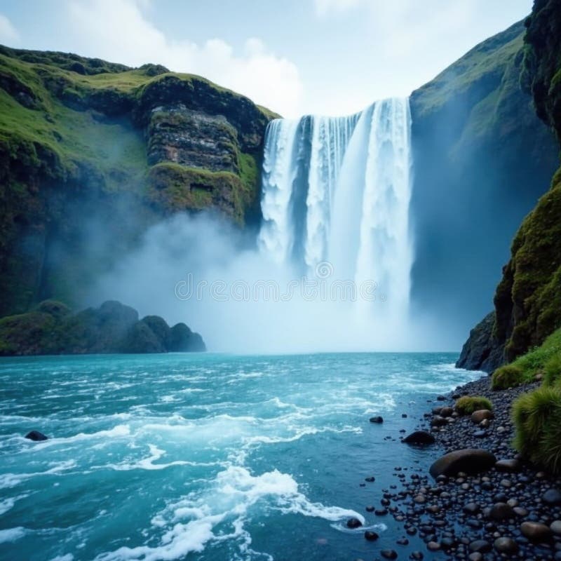 Foaming Water Churning at the Foot of a Powerful Waterfall , Dynamic ...