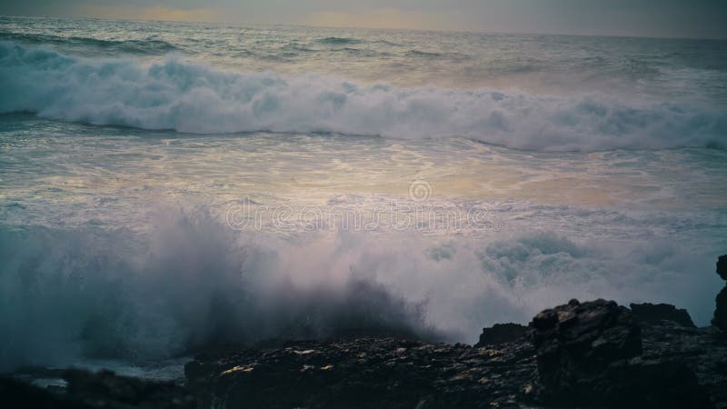 Foaming Waves Breaking Coastline Stones Close Up. Powerful Ocean ...