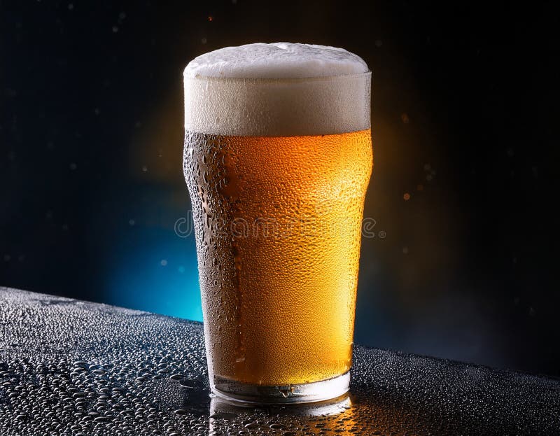 A Foamy Pint of Beer Placed on a Cold, Wet Metal Surface with Visible ...