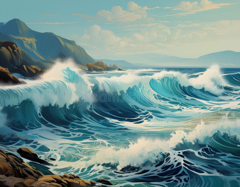 Foamy Waves Rolling Up in Ocean Stock Illustration - Illustration of ...