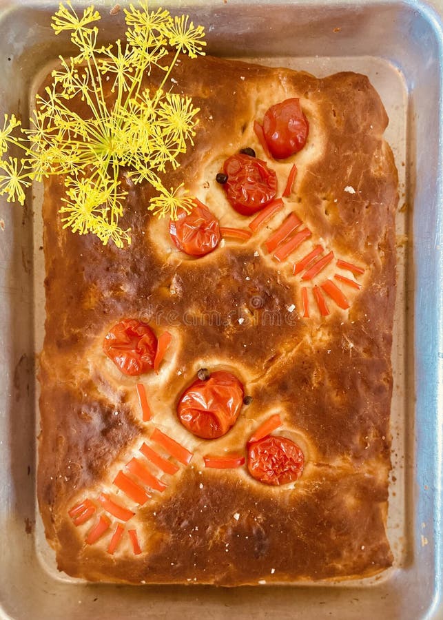 Focaccia Bread Decorated with Crayfish Pattern Using Vegetables Stock ...