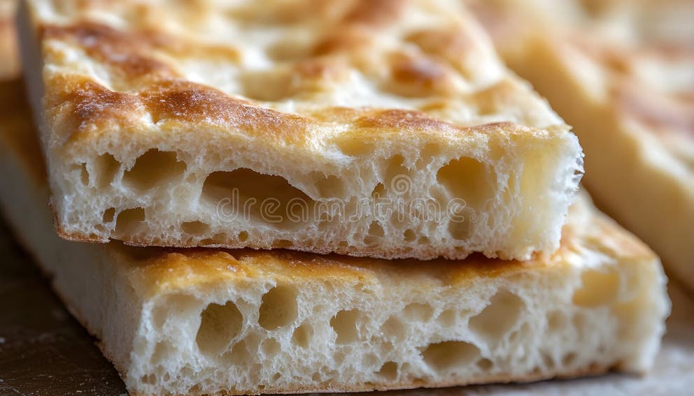 Focaccia Flatbread Slice Macro Texture, Baked Dough Pattern. White ...