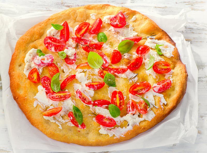 Focaccia with Tomatoes, Cream Cheese and Basil Stock Photo - Image of ...