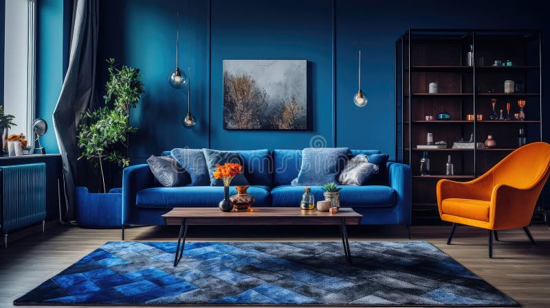 Focal Blue Living Room and Carpet Stock Illustration - Illustration of ...