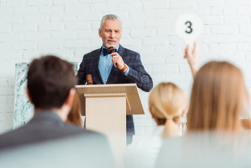 Focus of Auctioneer Talking with Microphone Stock Photo - Image of talk ...