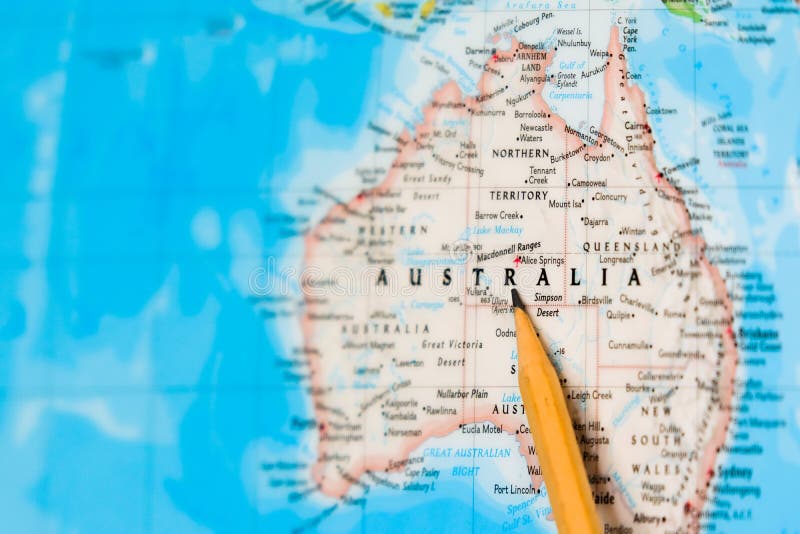 Focus on Australia on the World Map with Pencil Pointing Stock Photo ...