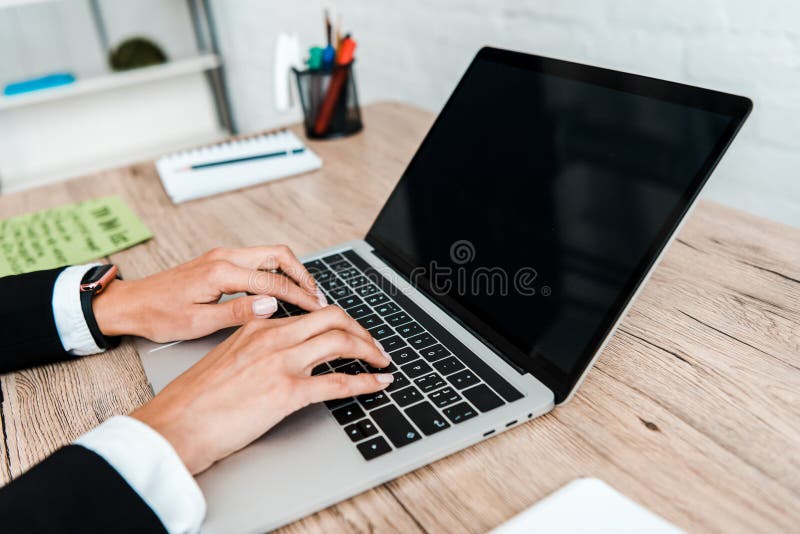 Focus of Businesswoman Typing on Laptop with Blank Screen Stock Image ...