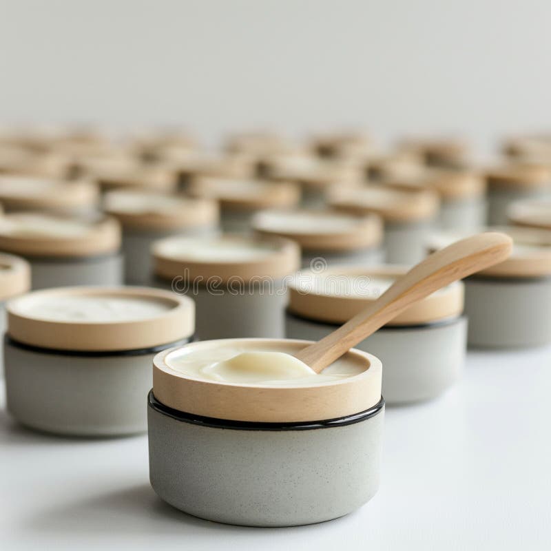 The Focus on Ceramic Containers Filled with Moisturizing Cream, Wooden ...