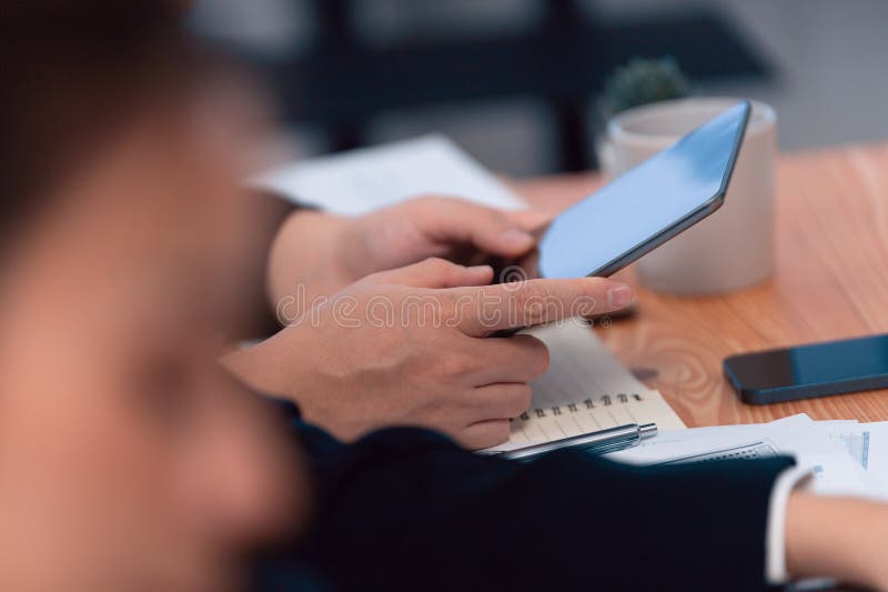Focus Closeup Hand Using Smartphone in Harmony Office during Meeting ...