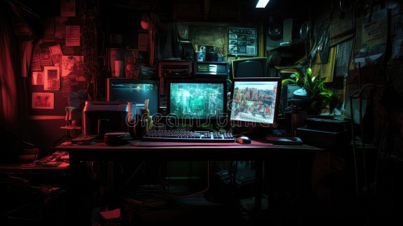 Focus computer dark room stock illustration. Illustration of solitude ...