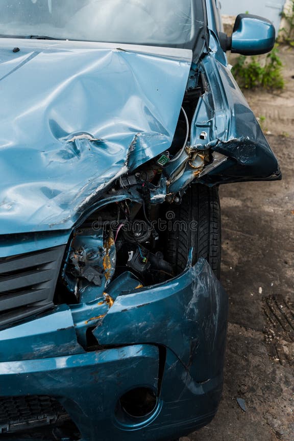 Focus of Crashed Blue Auto after Car Accident Stock Photo - Image of ...