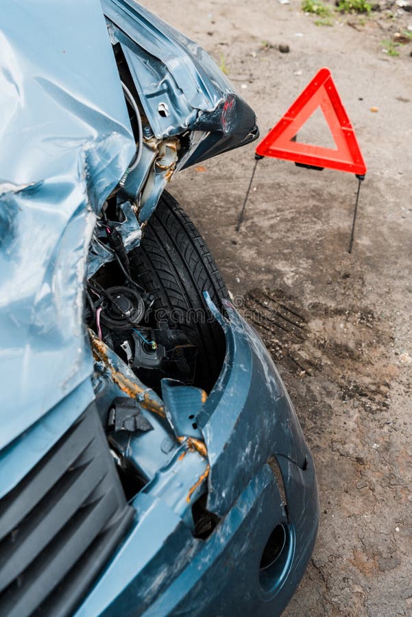 Focus of Crashed Blue Car after Car Accident Stock Image - Image of ...