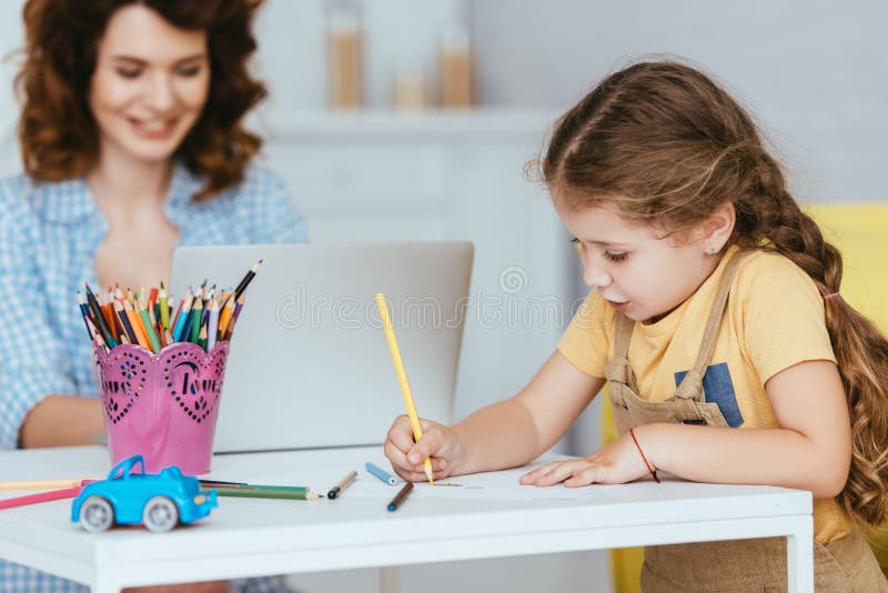 Focus of Cute Kid Drawing Near Stock Image - Image of profession ...