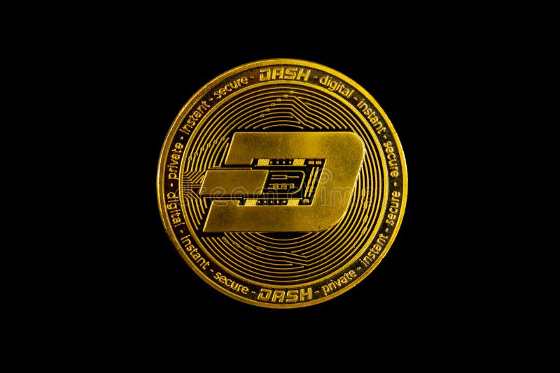 Focus of Dash Coin, Symbol Cryptocurrency on Black Background Isolate ...