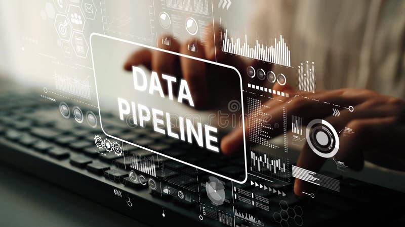 Focus on Data Pipeline Concept with Digital Interface and Hands Typing ...